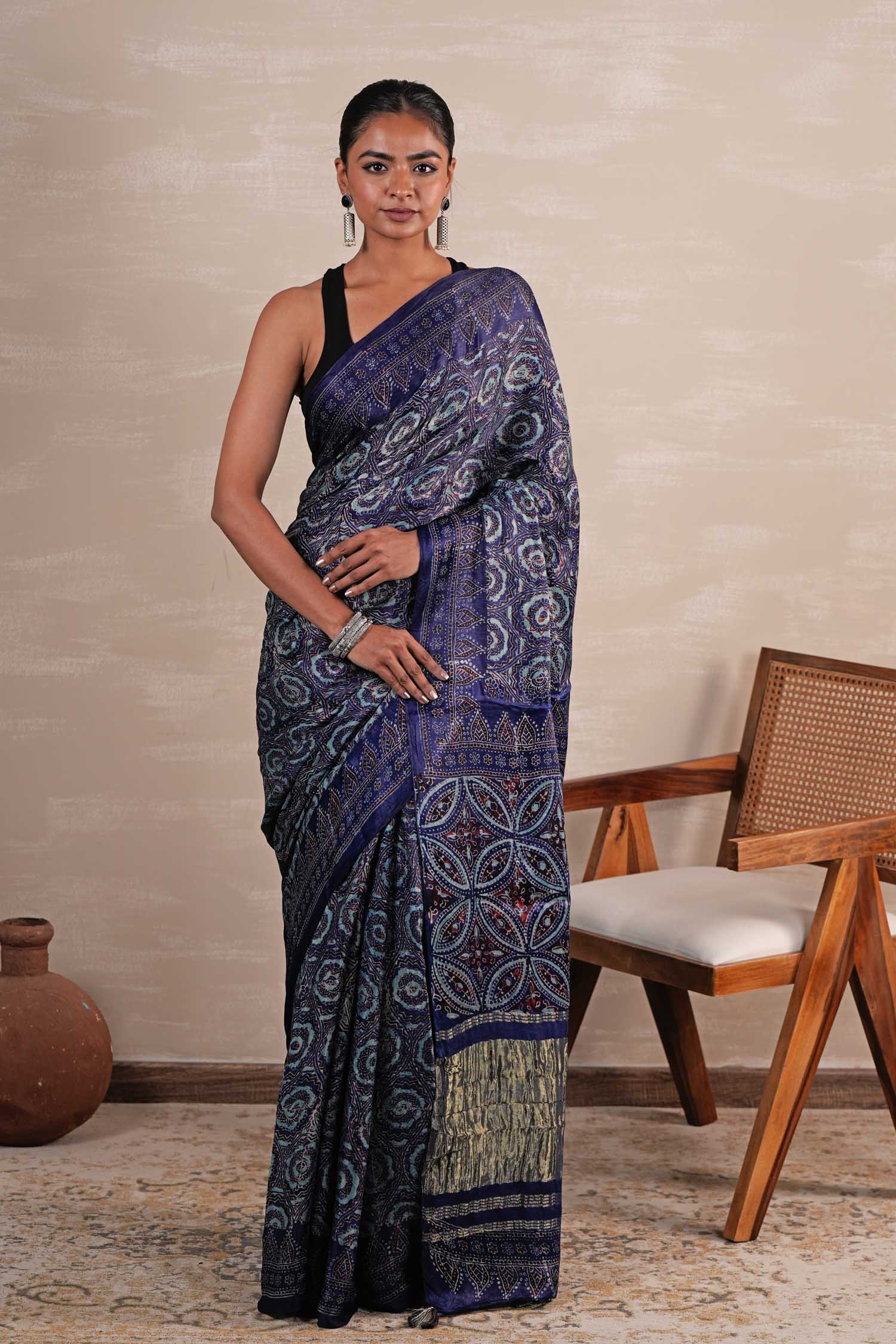 Hand Block Printed Ajrakh Modal Tissue Silk Saree | Celestial Cascade |Sooti Syahi