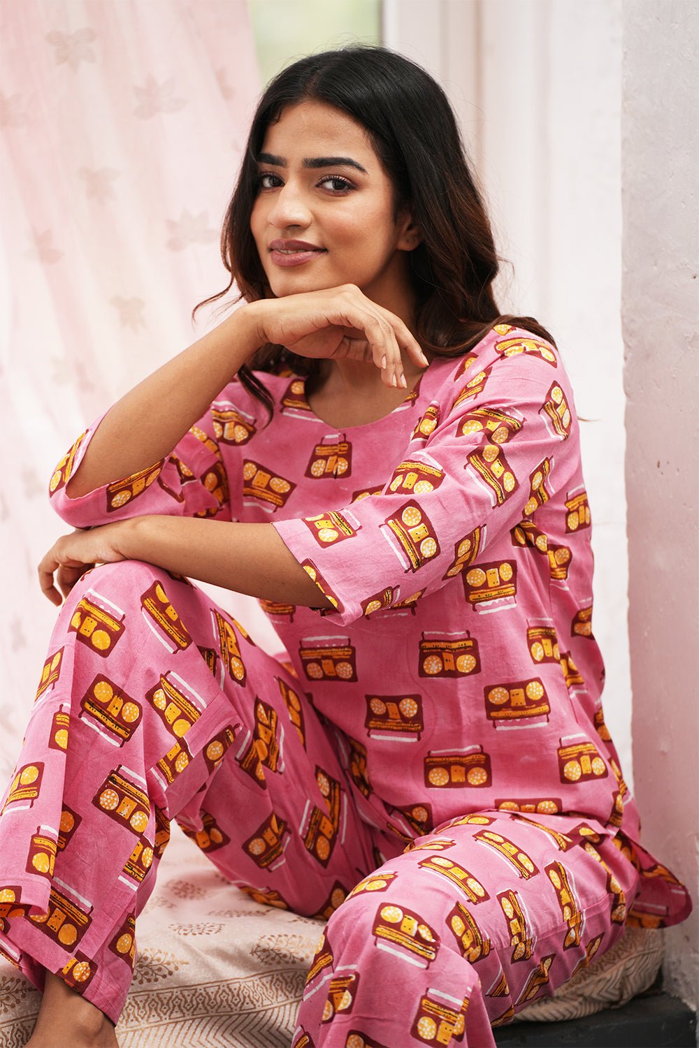 Pink Melodies Block Printed Night suit