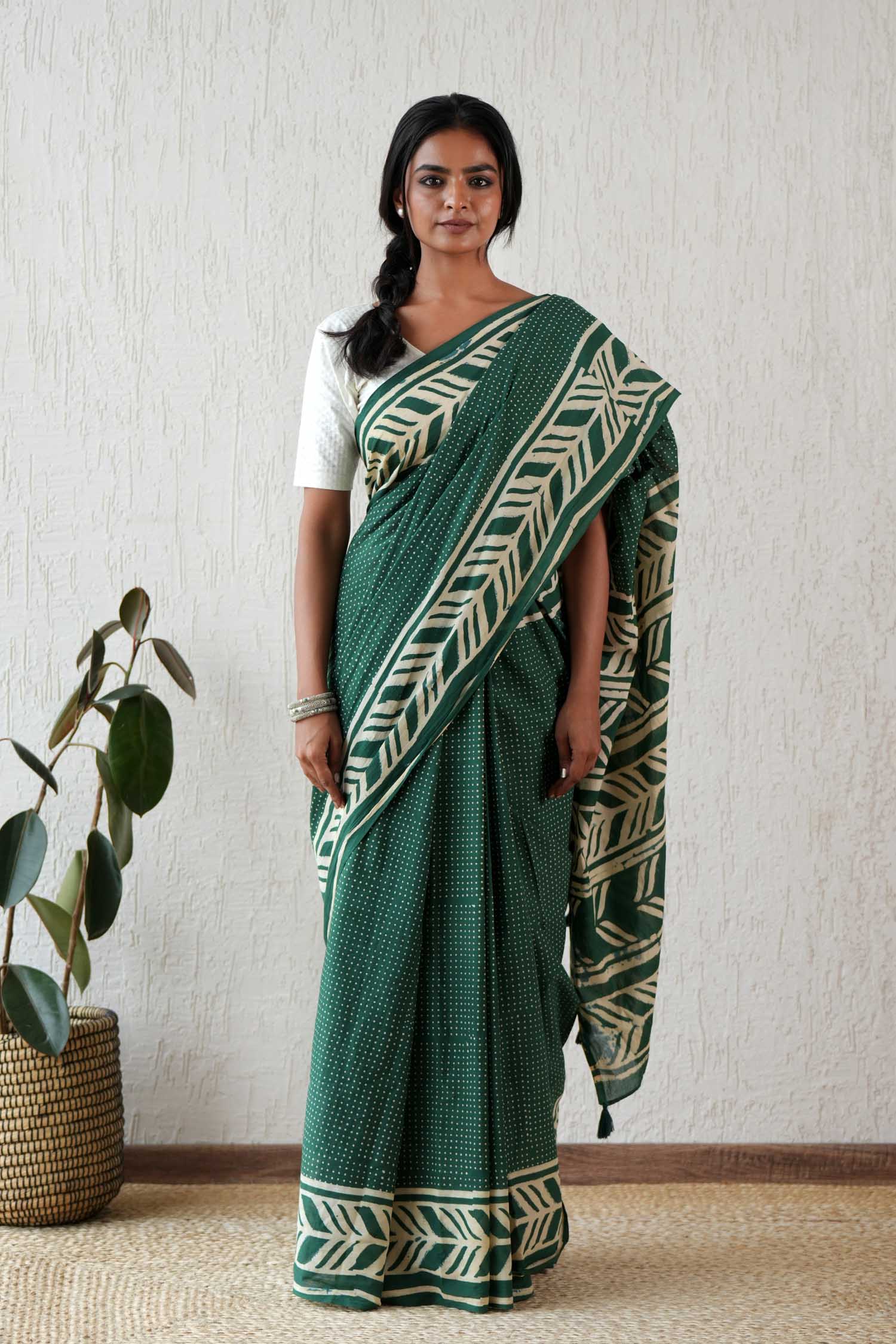 Hand Block Printed Mul Mul Cotton Saree | Ancient Echo | Sooti Syahi