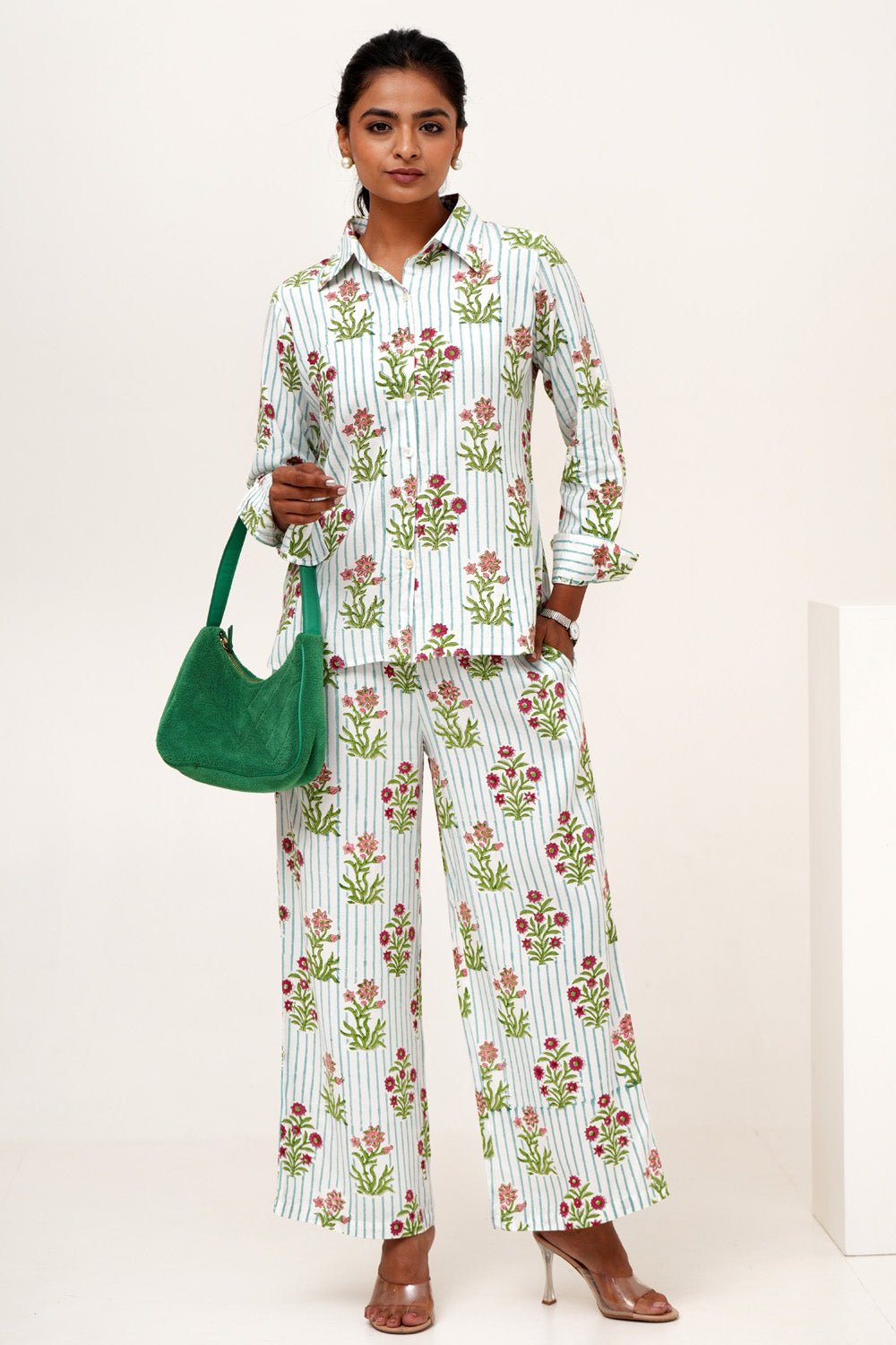 Hand Block Printed Modal Silk Co-Ord Set | Bloom Cascade | Sooti Syahi