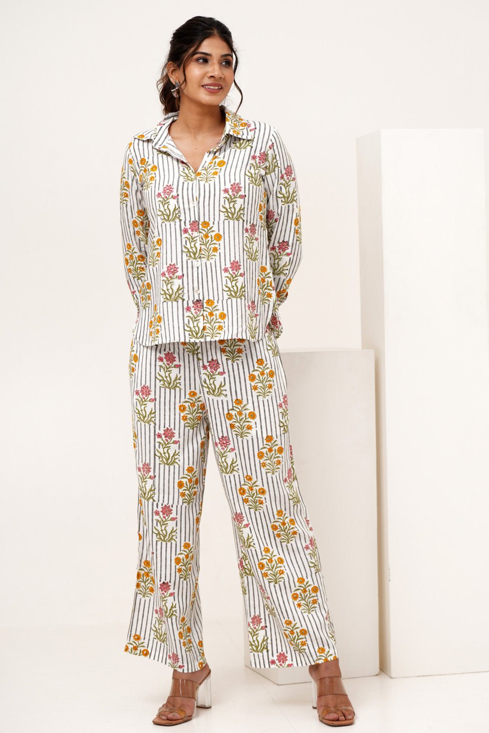 Hand Block Printed Modal Silk Co-Ord Set | Melody Cascade | Sooti Syahi