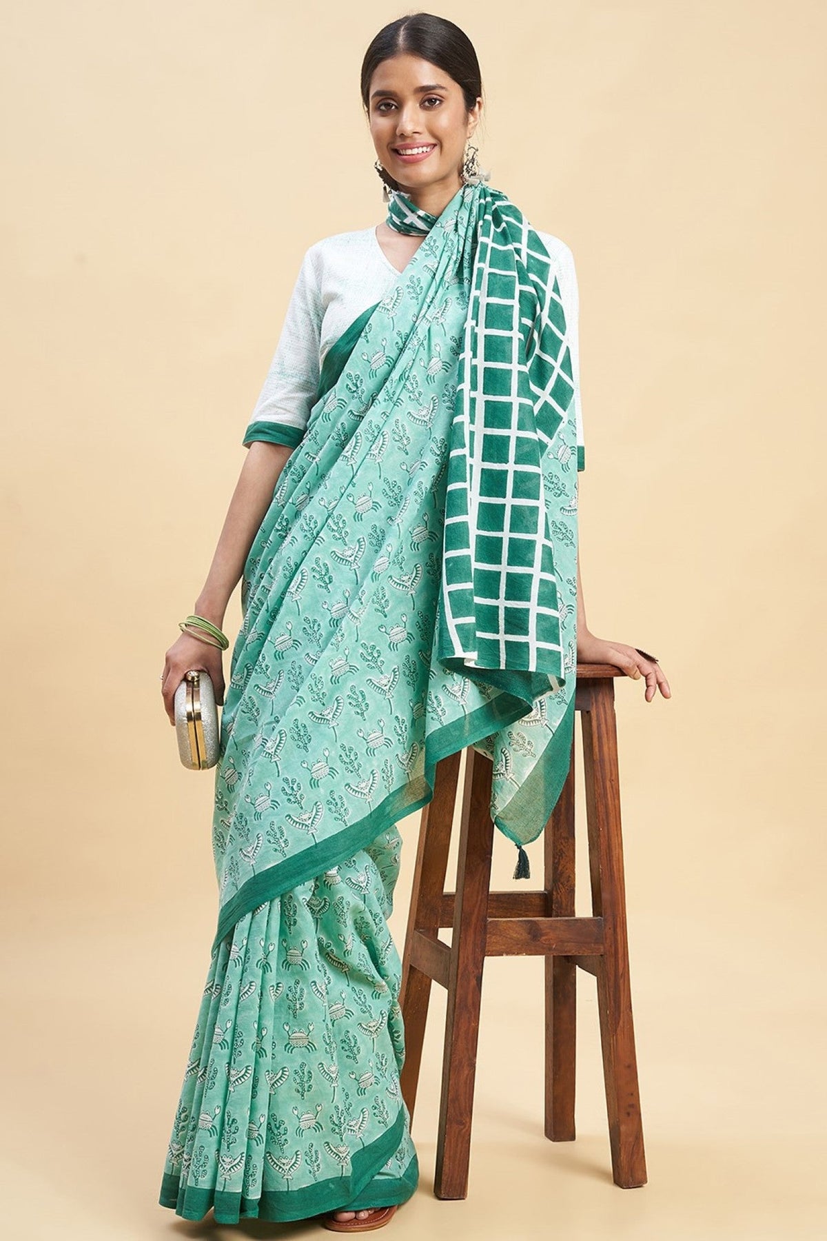 "Crab In Green'' Block Printed Cotton Saree