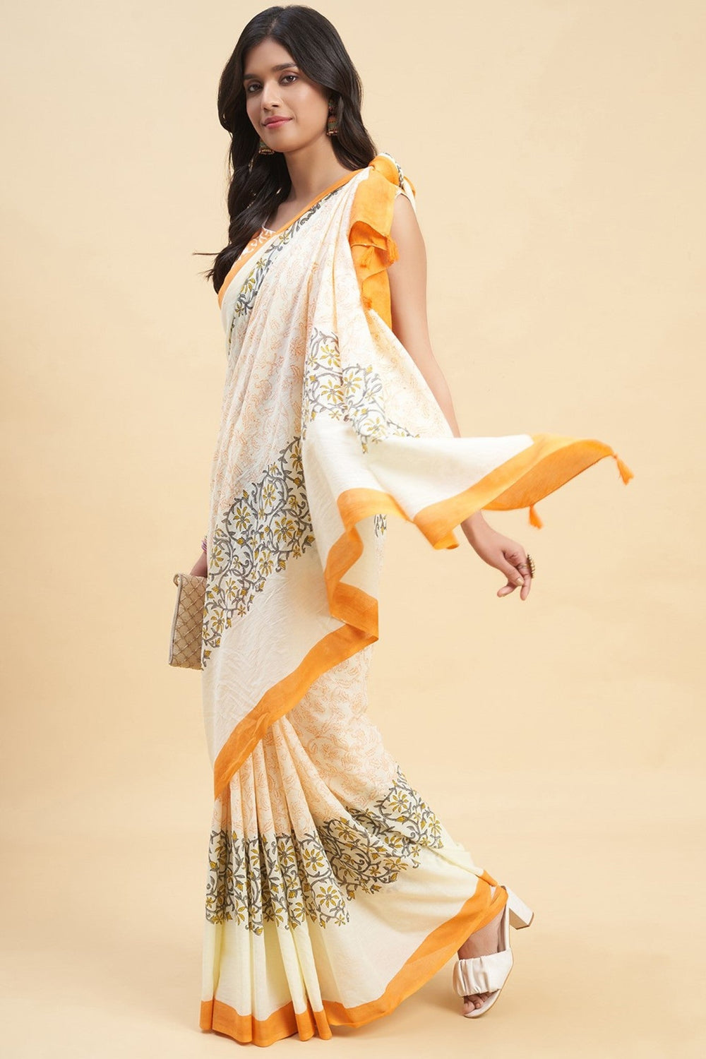 "Crape Myrtle Saffron" HANDBLOCK PRINT MUL COTTON SAREE