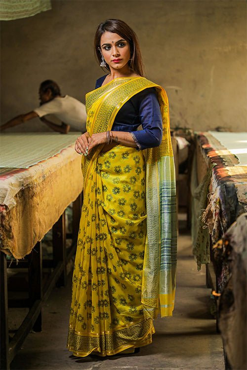 Discharge Handblock Printed Maheshwari Saree