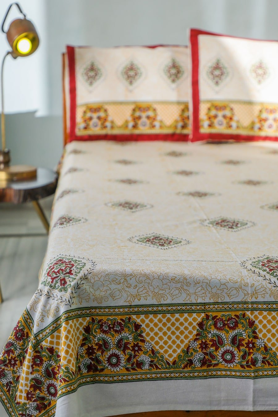 Handblock Printed Cotton Bed Sheets Online | SootiSyahi Floral Monarch